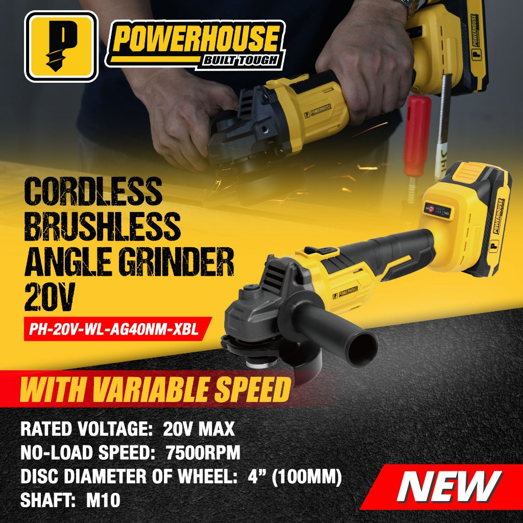 POWERHOUSE CORDLESS BRUSHLESS ANGLE GRINDER PH-20V-WL-AG40NM- XBL SAVG-KING'S HARDWARE TRADING
